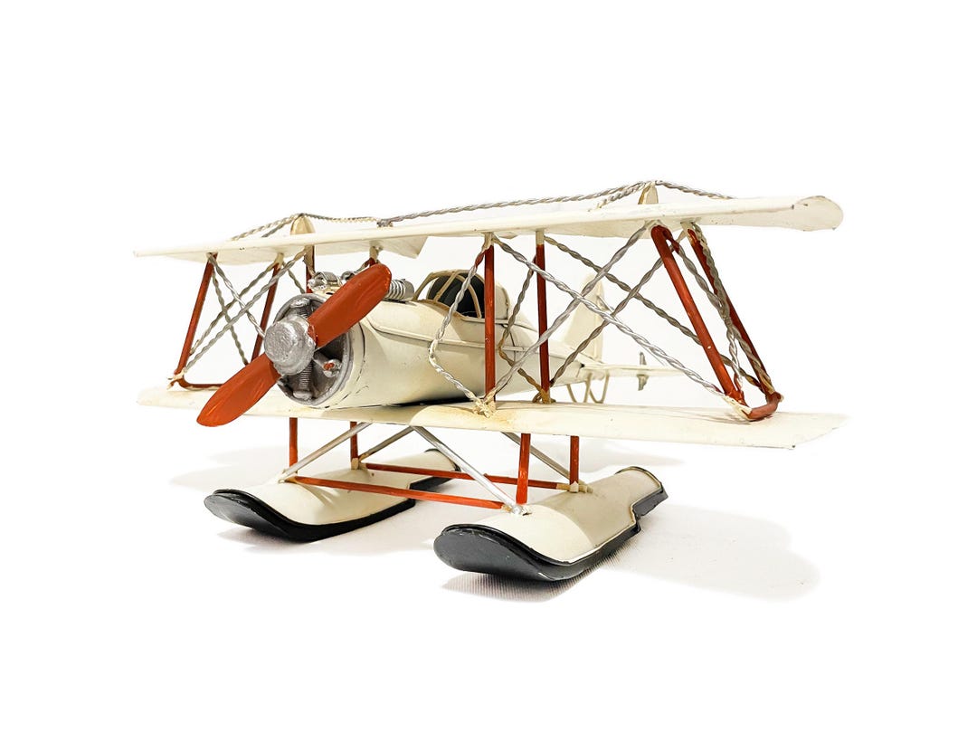 Vintage White Airplane Metal Model, Plane Model Old Classic Biplane ...
