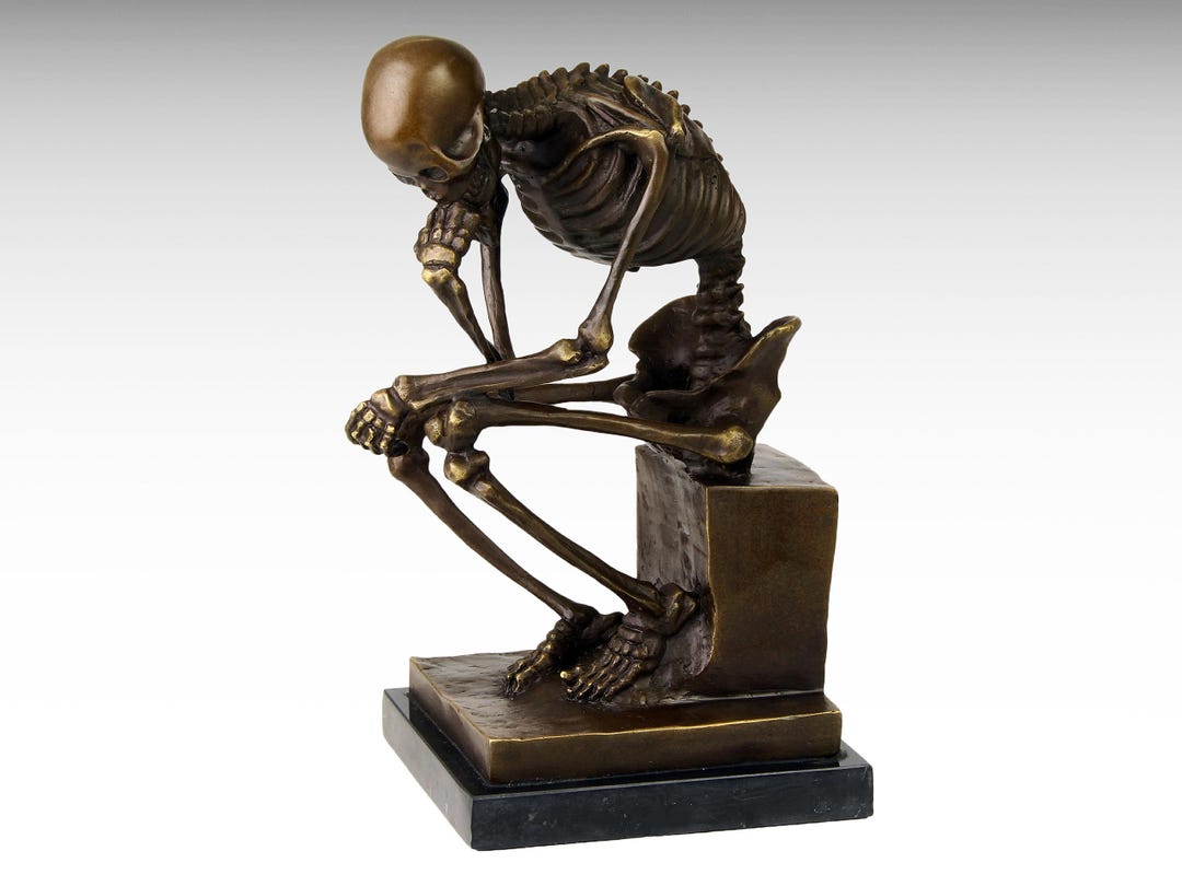 Large Skeleton Bronze Sculpture of the Thinker on Marble Base, Modern ...