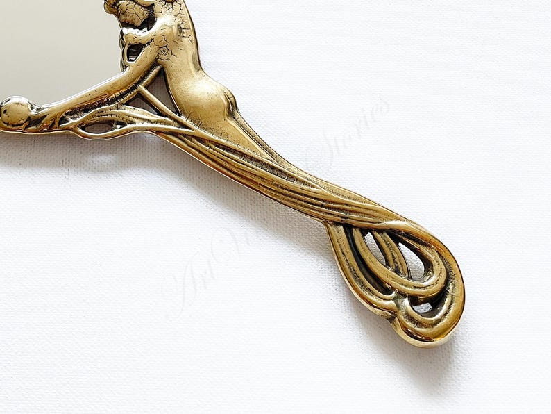 Art Nouveau Gold Hand Mirror With Floral Decor, Brass Vanity Mirror ...