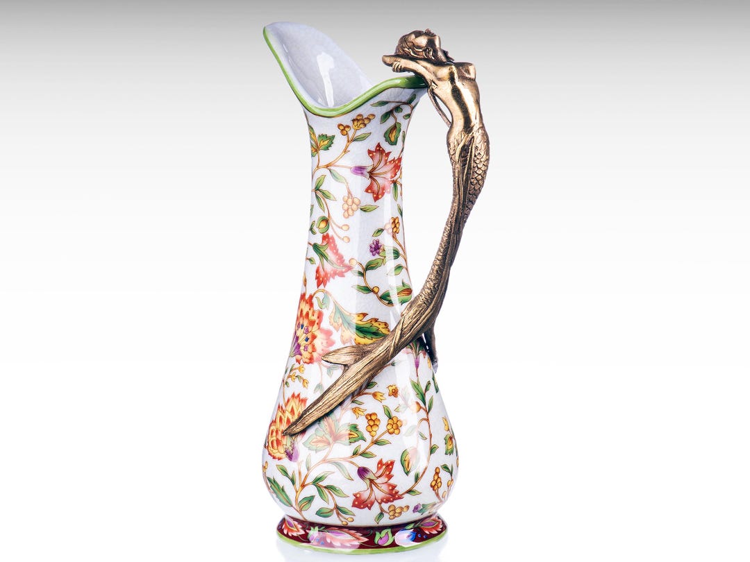 Porcelain Wine Pitcher With Bronze Mermaid Handle, Ceramic Water Jug ...