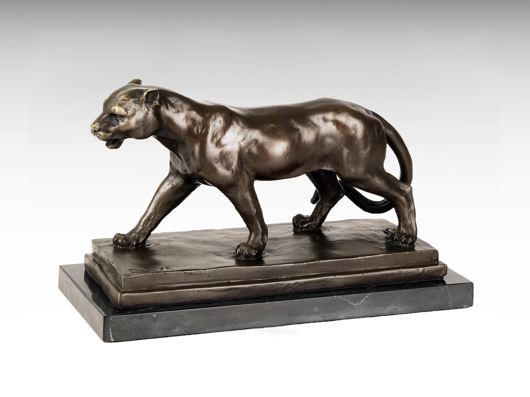 Bronze Sculpture of Lioness on Marble Base, Large Animal Figurine ...