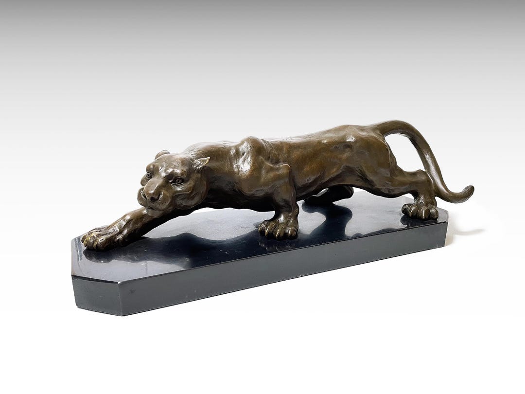 Large Bronze Sculpture of Creeping Panther on Marble Base Bronze Statue ...