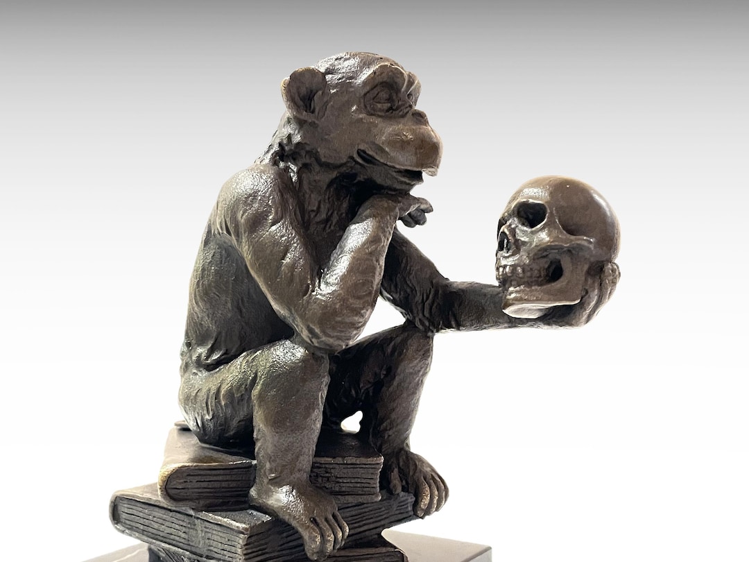 Bronze Sculpture of Darwin Monkey With Skull in Hand, Modern Bronze ...