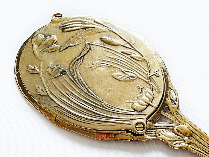 Art Nouveau Gold Hand Mirror With Floral Decor, Brass Vanity Mirror ...