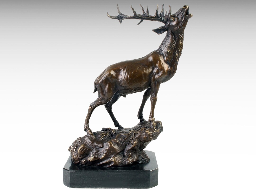 Large Roaring Deer Bronze Sculpture, Bronze Deer on Rock Modern Bronze ...