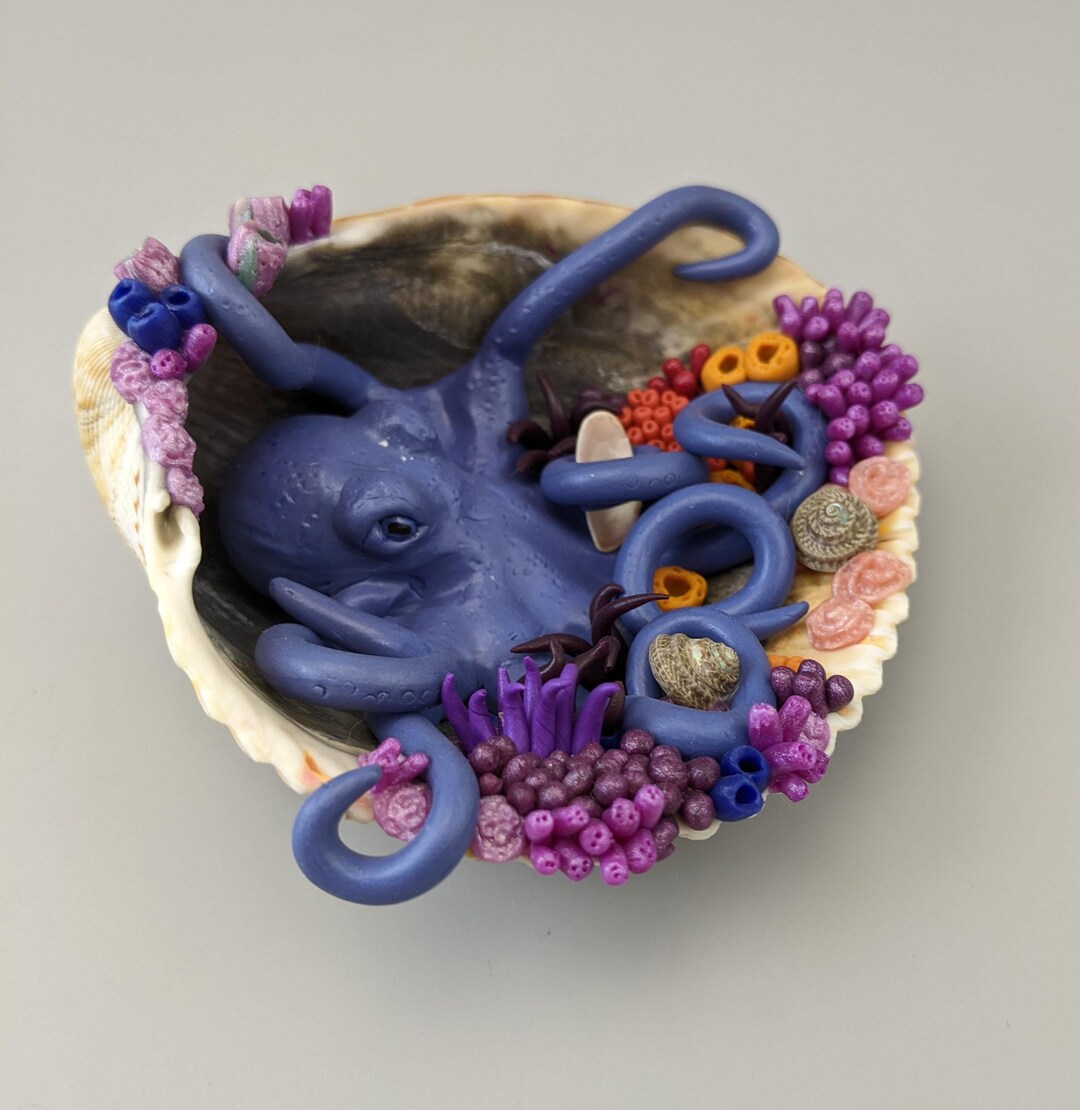 Purple Octopus in a Sea Shell. Polymer Clay Sculpture. - Etsy