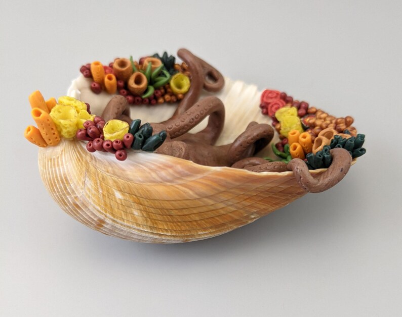 Autumn Octopus in a Sea Shell. Polymer Clay Sculpture, Brown, Orange ...