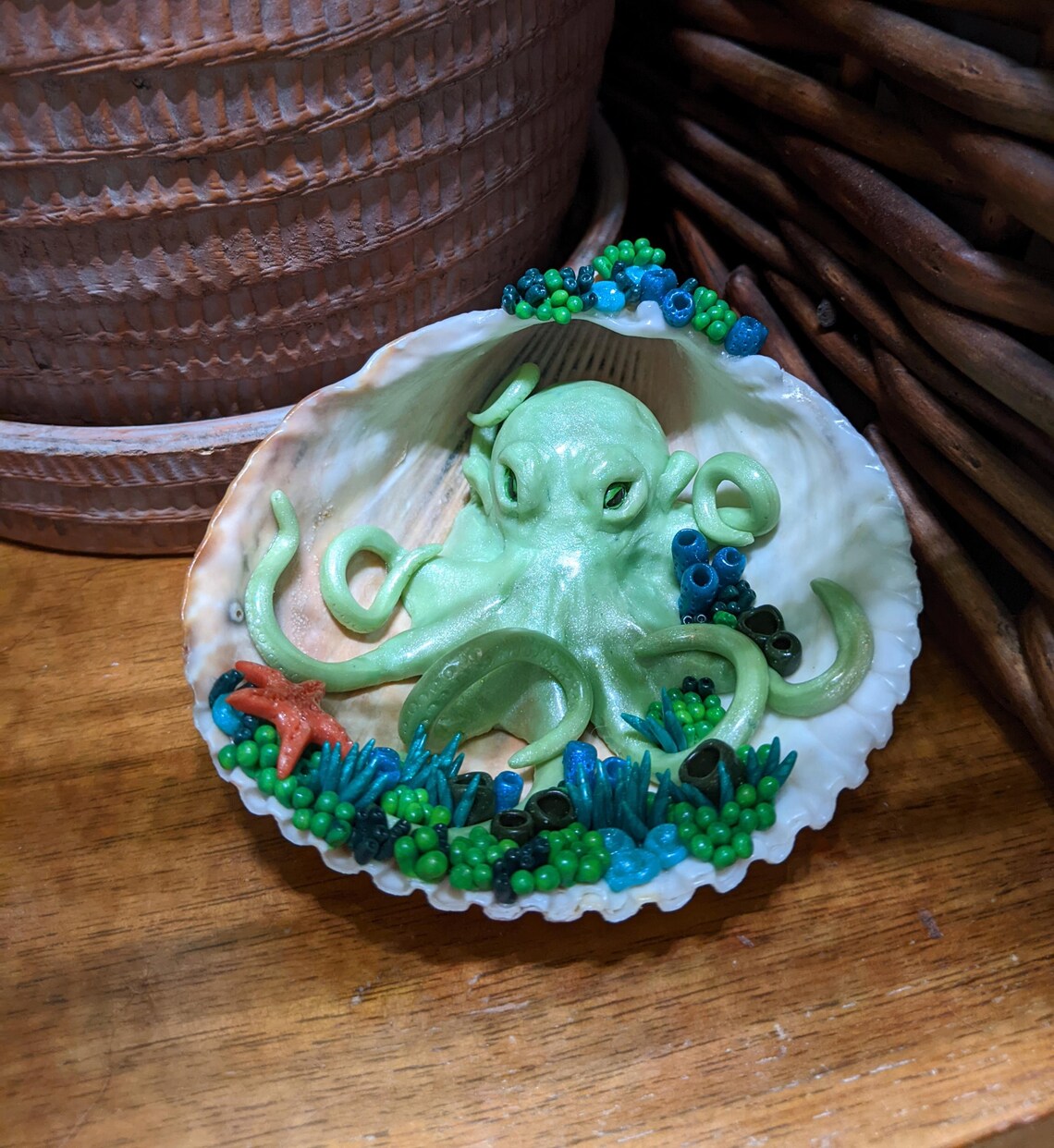 Pale Green Octopus, Seashell, Polymer Clay Sculpture, Starfish, OOAK ...