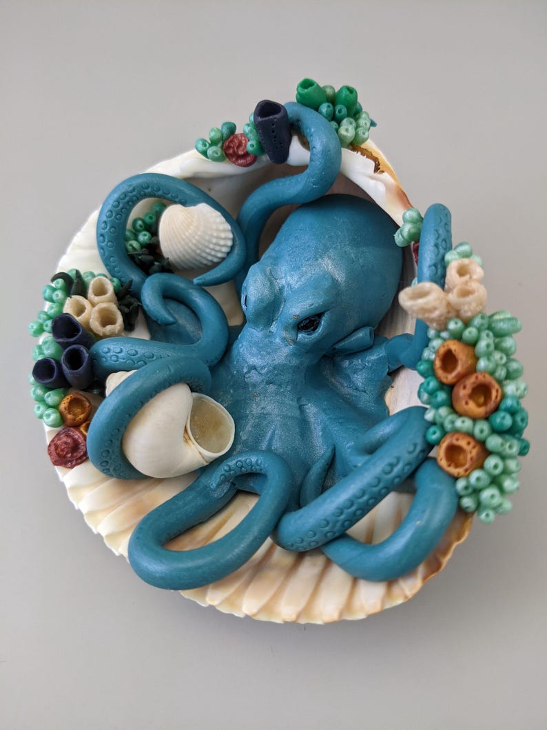 Teal Blue Octopus in a Sea Shell. Polymer Clay Sculpture. - Etsy