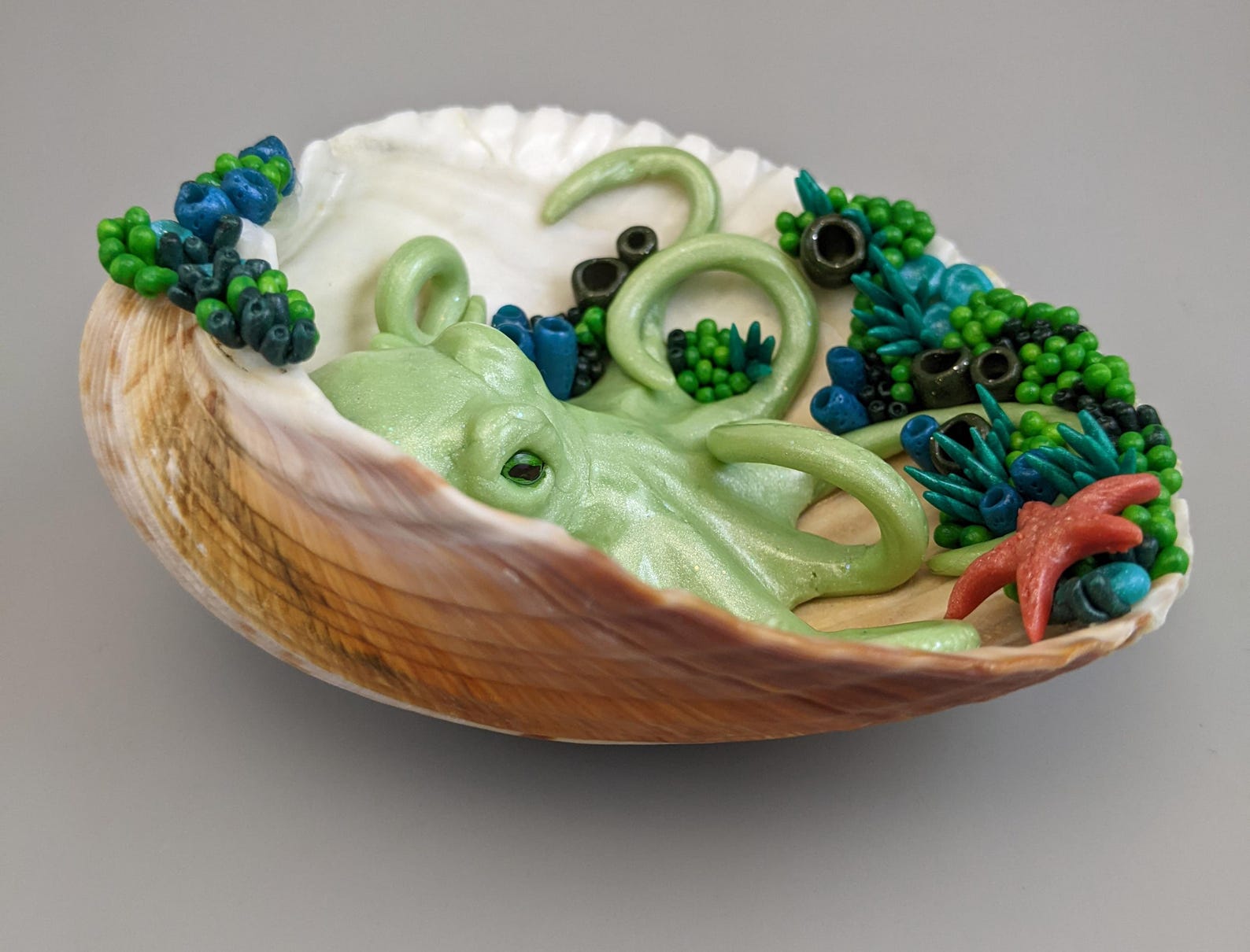 Pale Green Octopus, Seashell, Polymer Clay Sculpture, Starfish, OOAK ...