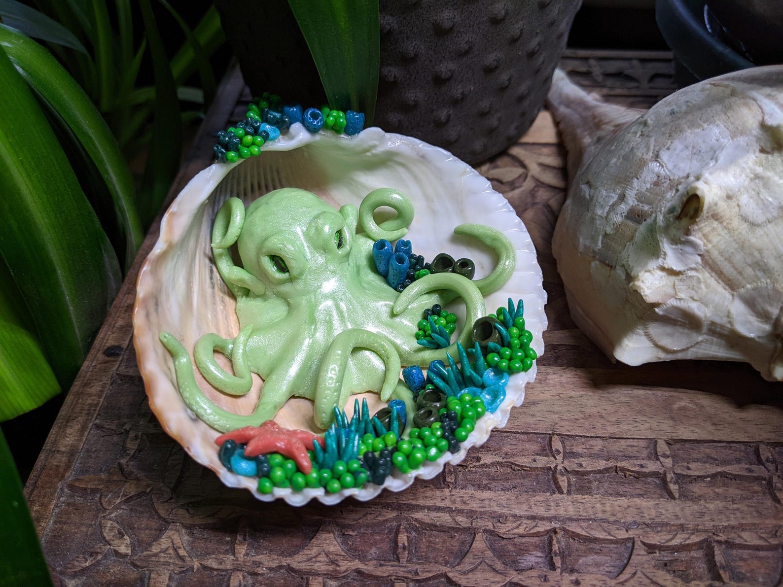 Pale Green Octopus, Seashell, Polymer Clay Sculpture, Starfish, OOAK ...