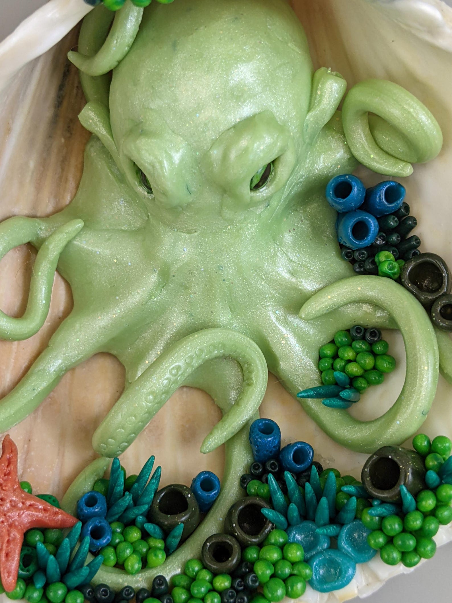 Pale Green Octopus, Seashell, Polymer Clay Sculpture, Starfish, OOAK ...