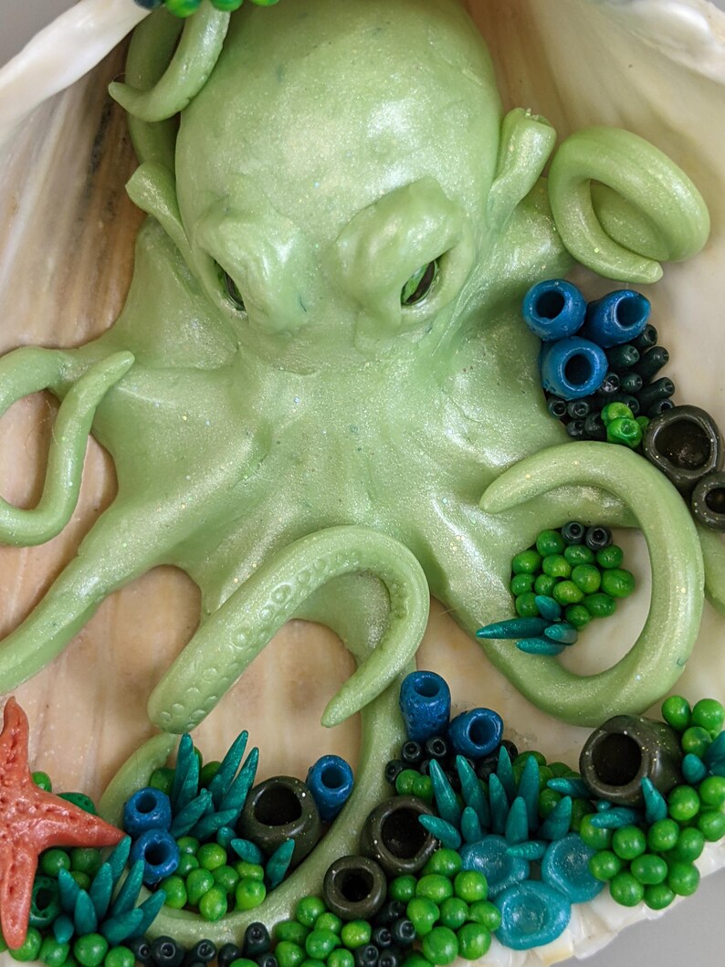 Pale Green Octopus, Seashell, Polymer Clay Sculpture, Starfish, OOAK ...