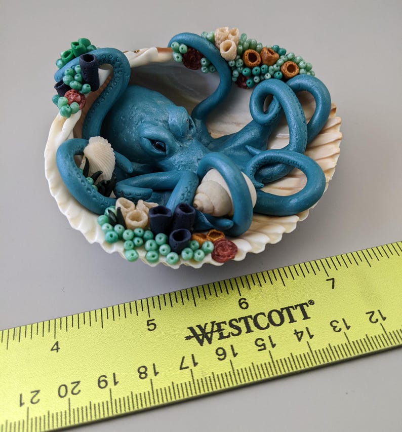 Teal Blue Octopus in a Sea Shell. Polymer Clay Sculpture. - Etsy