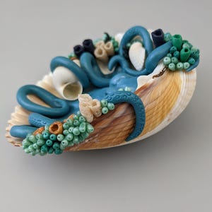 Teal Blue Octopus in a Sea Shell. Polymer Clay Sculpture. - Etsy