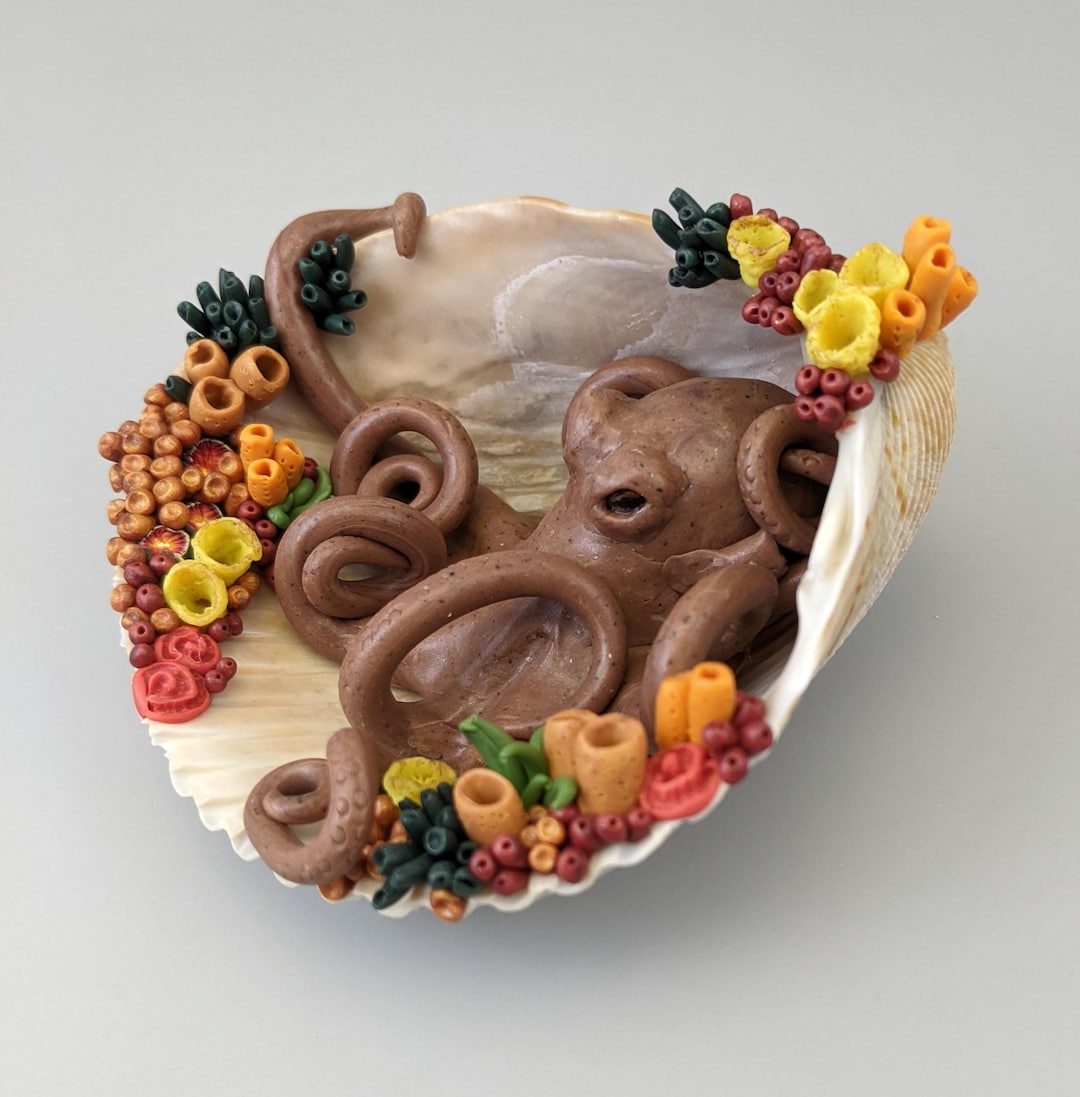 Autumn Octopus in a Sea Shell. Polymer Clay Sculpture, Brown, Orange ...