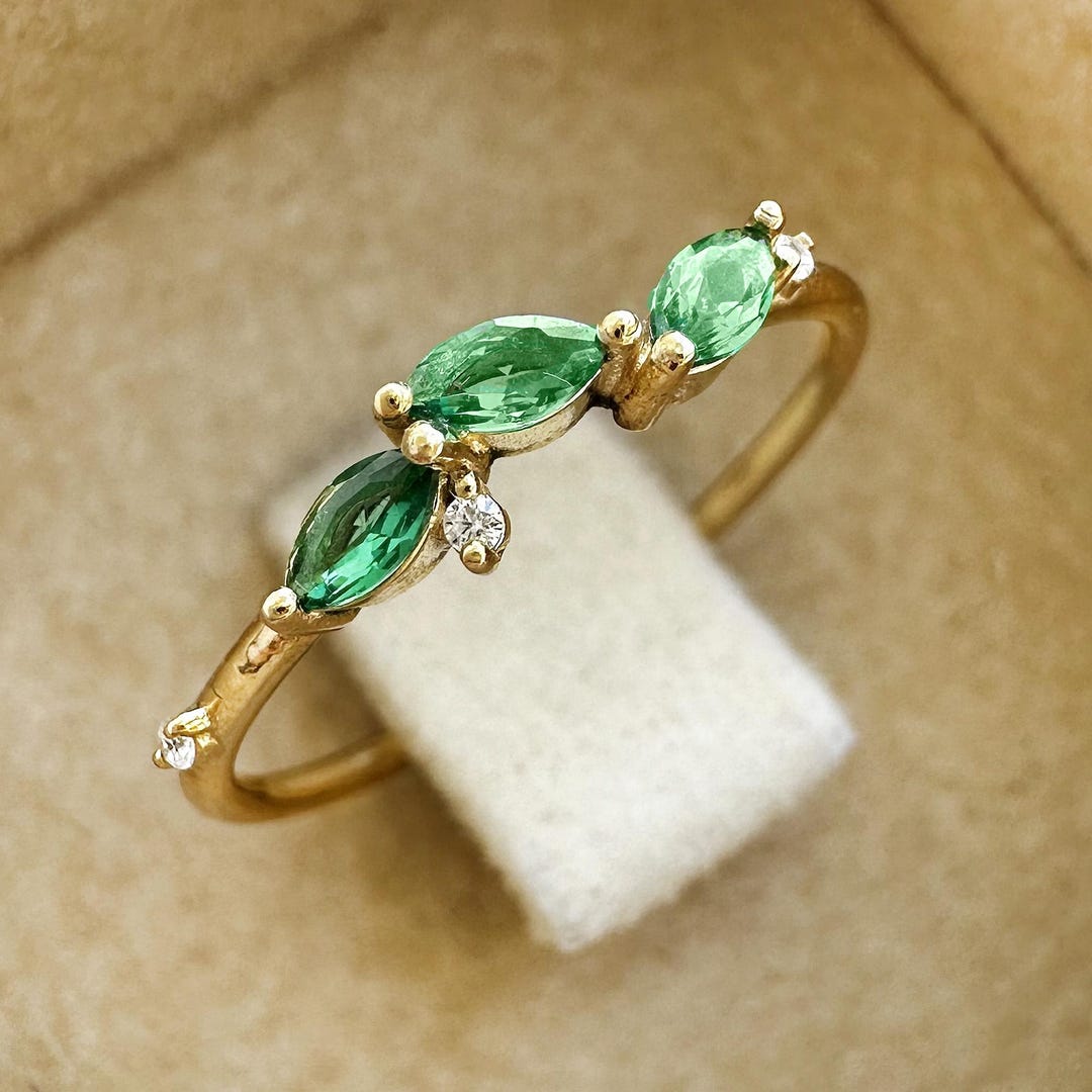 14k Gold Emerald Leaf Ring, Solid Gold Emerald Wedding Ring, Marquise ...