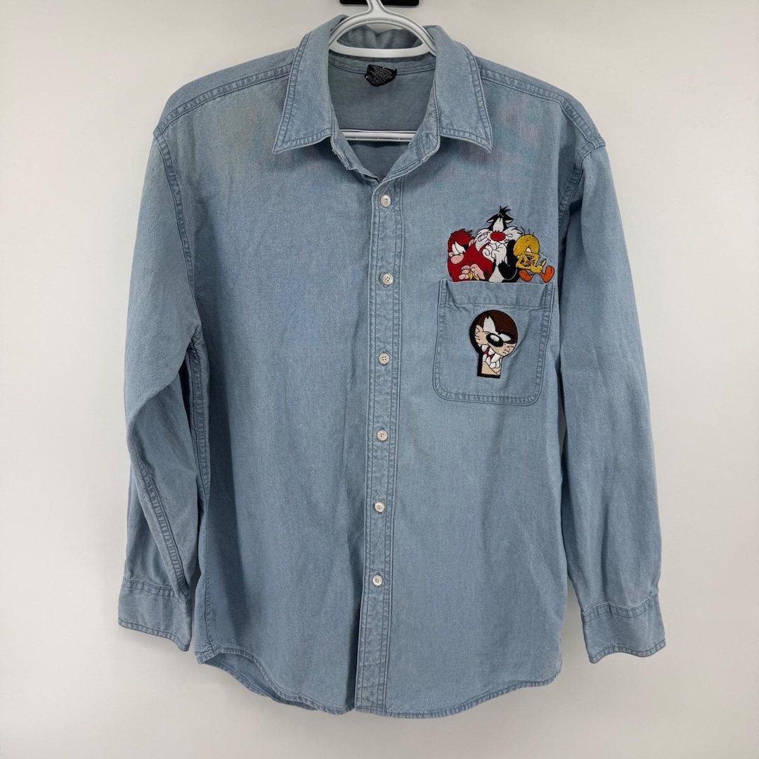 Vintage 1997 Warner Bros Studio Store Looney Tunes Denim Shirt Mens ...