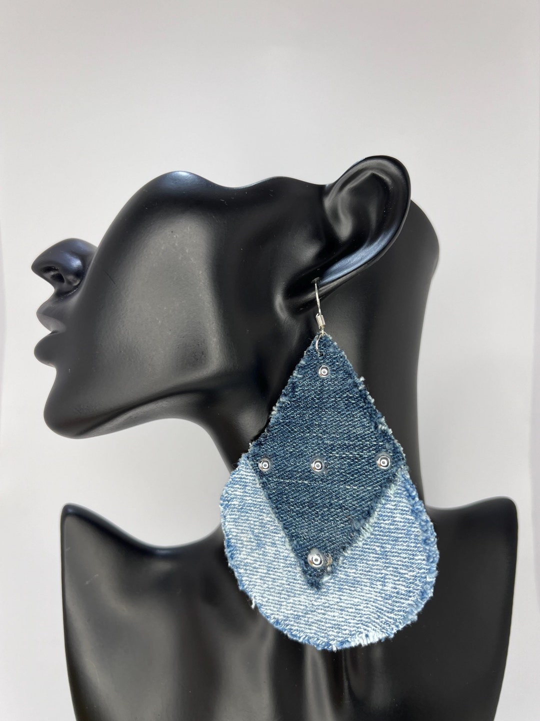 Layered Denim Teardrop Statement Earrings With Rivet Accents Upcycled ...
