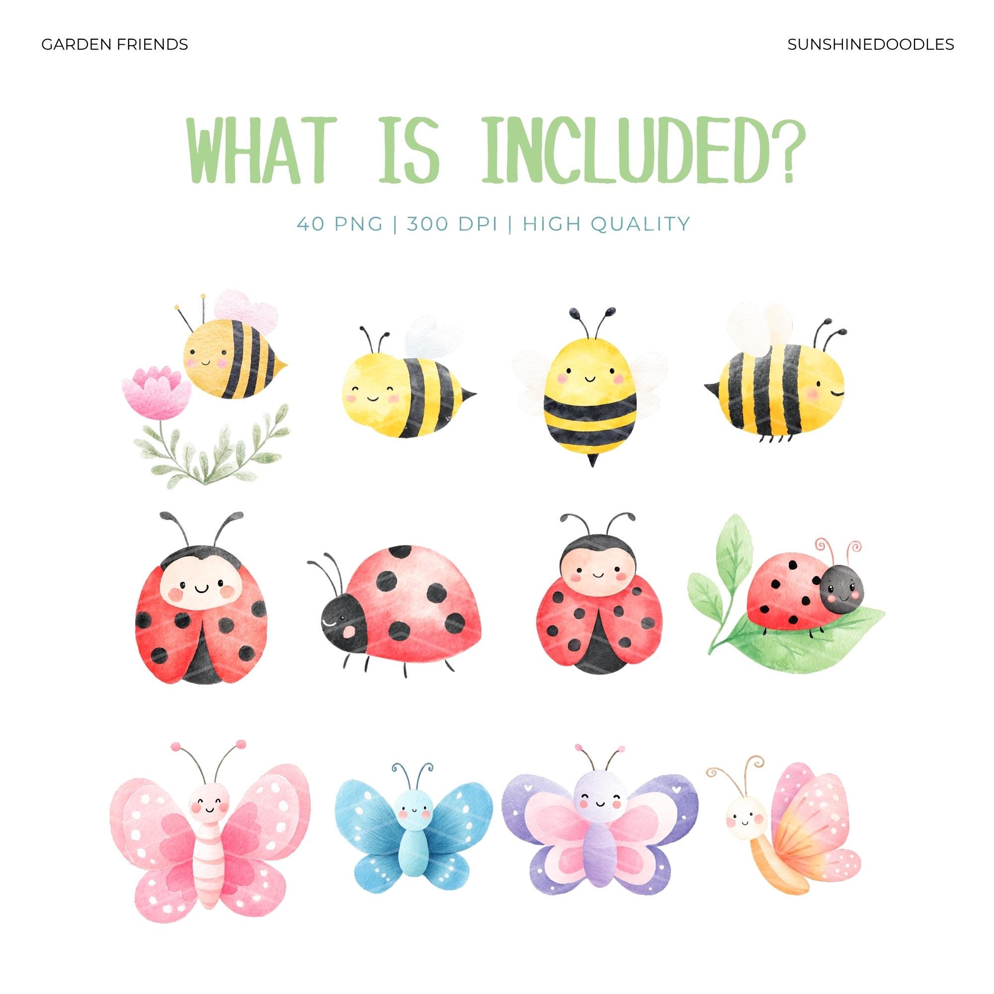 Watercolor Cute Insects Clipart, Butterflies, Bees, Ladybugs ...