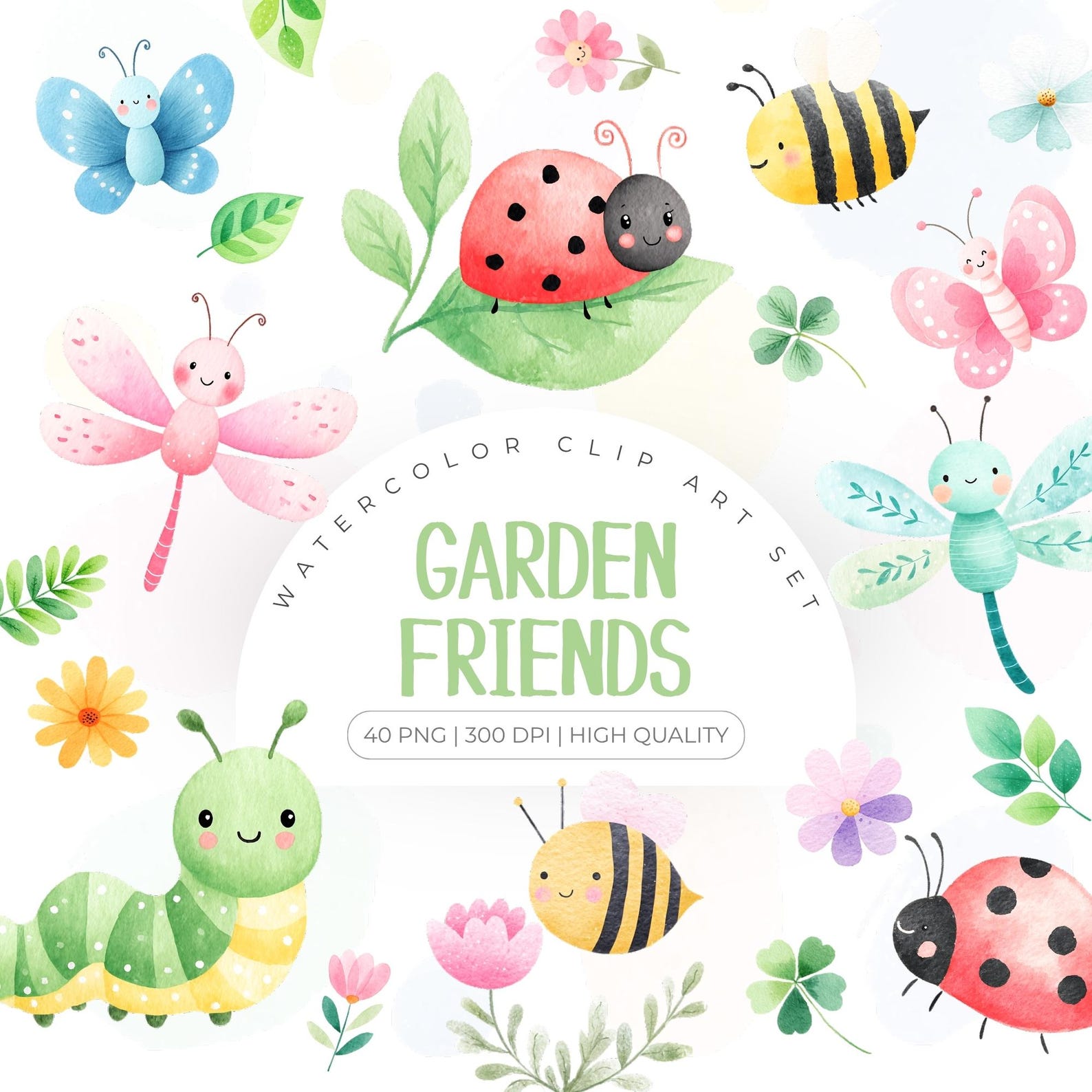 Watercolor Cute Insects Clipart, Butterflies, Bees, Ladybugs ...