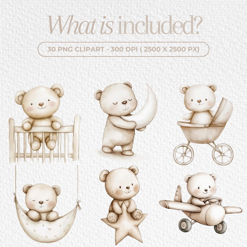 Neutral Watercolor Teddy Bear Clipart, Beige Bears PNG, Neutral Baby ...