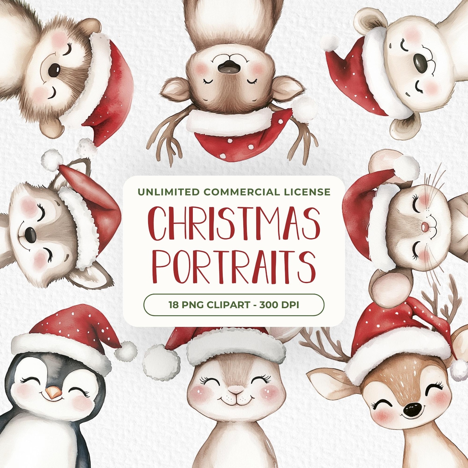 Christmas Animals Portraits, Christmas Animals Clipart Watercolor, Cute ...