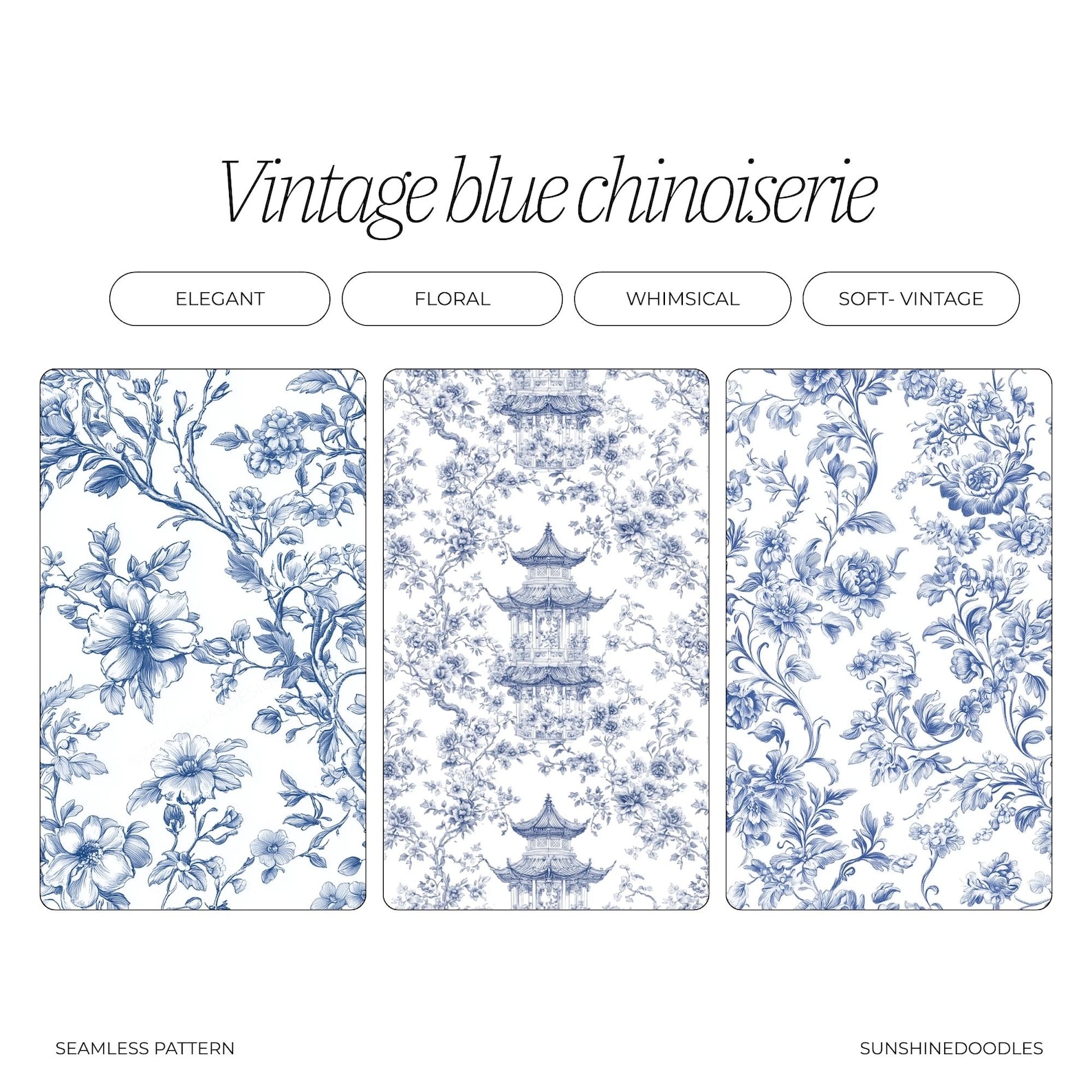 Blue Chinoiserie Seamless Pattern | Vintage French Toile Digital Paper ...