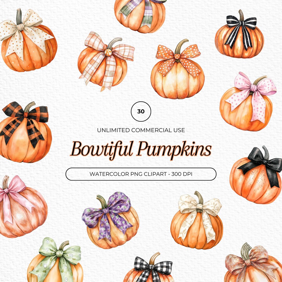 Fall Pumpkin Clipart Bundle, Watercolor Pumpkins With Bow Watercolor ...
