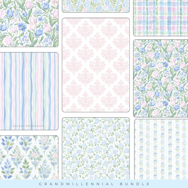 Grandmillennial Seamless Patterns, Vintage Preppy Patterns, Watercolor ...