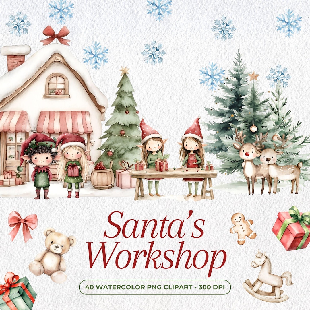 Cute Watercolor Clipart Santa's Workshop, Cute Elf Clipart, Christmas ...
