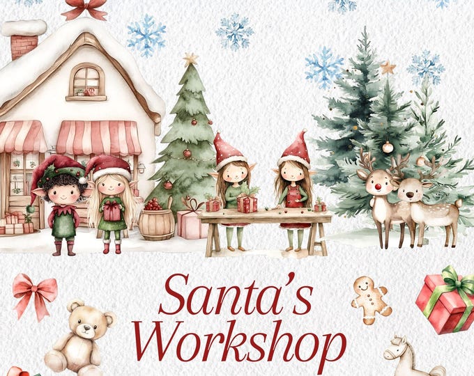 Cute Watercolor Clipart Santa's Workshop, Cute Elf Clipart, Christmas ...