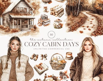 Watercolor Cozy Cabin Fall Clipart Set, Fall PNG, Watercolor Autumn ...