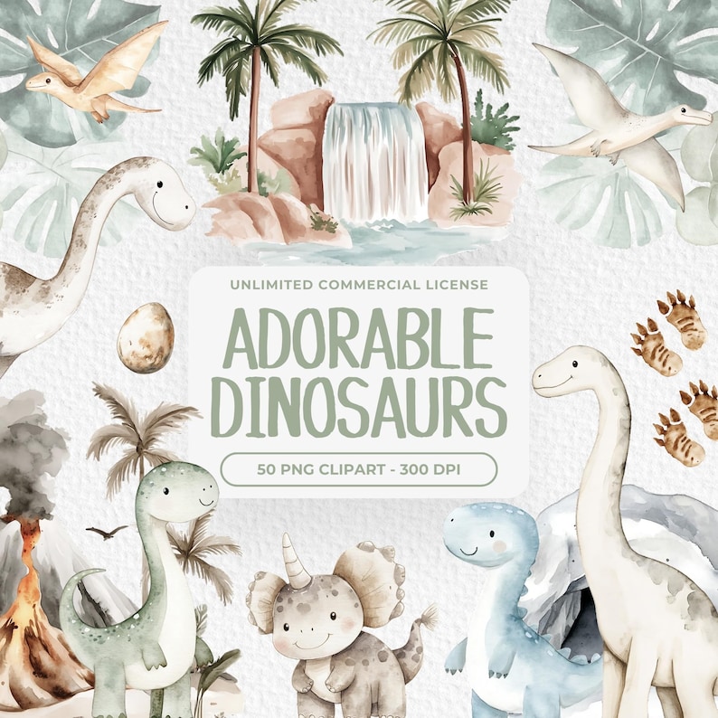 Watercolor Dinosaur Clipart, Cute Dino Clipart, Nursery Clipart ...