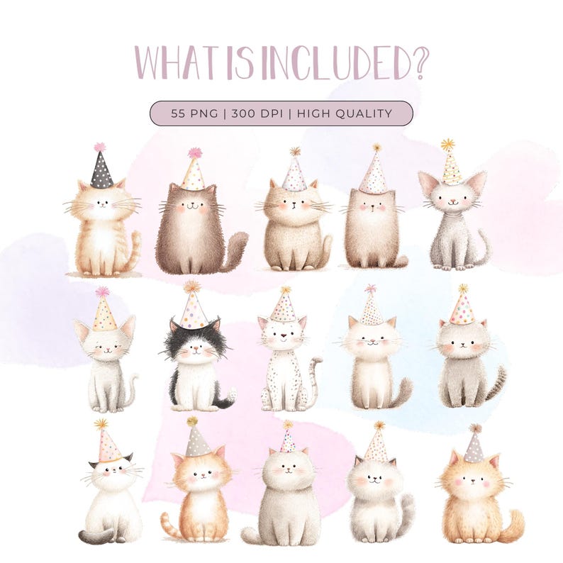 Cute Cats Watercolor Clipart | Cat Breeds PNG | Cat Birthday Clipart ...