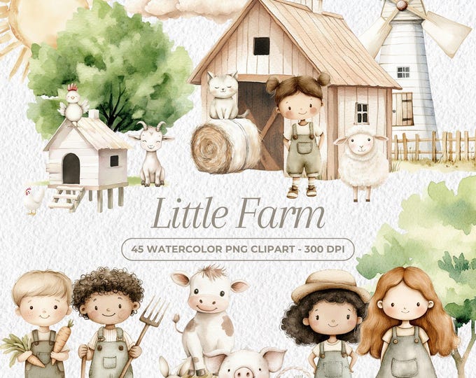Cute Little Farm Clipart, Watercolor Sweet Farm Clipart, Cottage ...