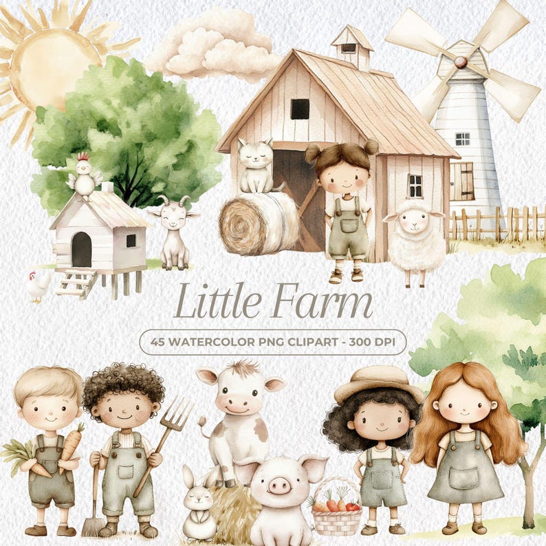 Watercolor Farm Clipart, Kids Farm Clipart, Cute Farm Nursery Clipart ...
