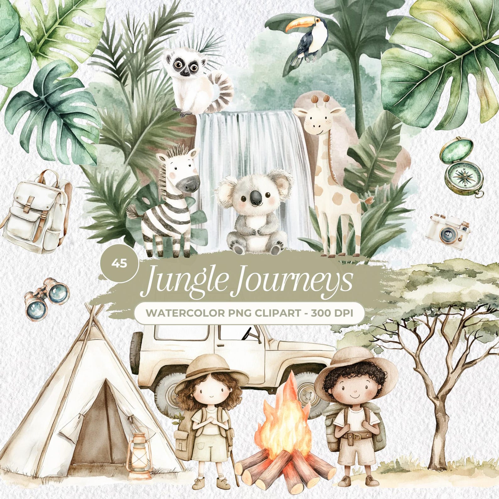 Cute Safari Watercolor Clipart, Safari Animals Nursery Clipart, Jungle ...