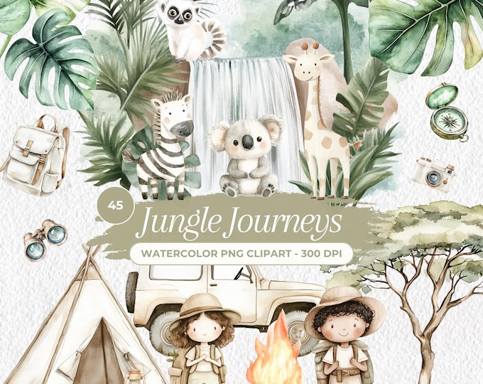 Cute Safari Watercolor Clipart, Safari Animals Nursery Clipart, Jungle ...