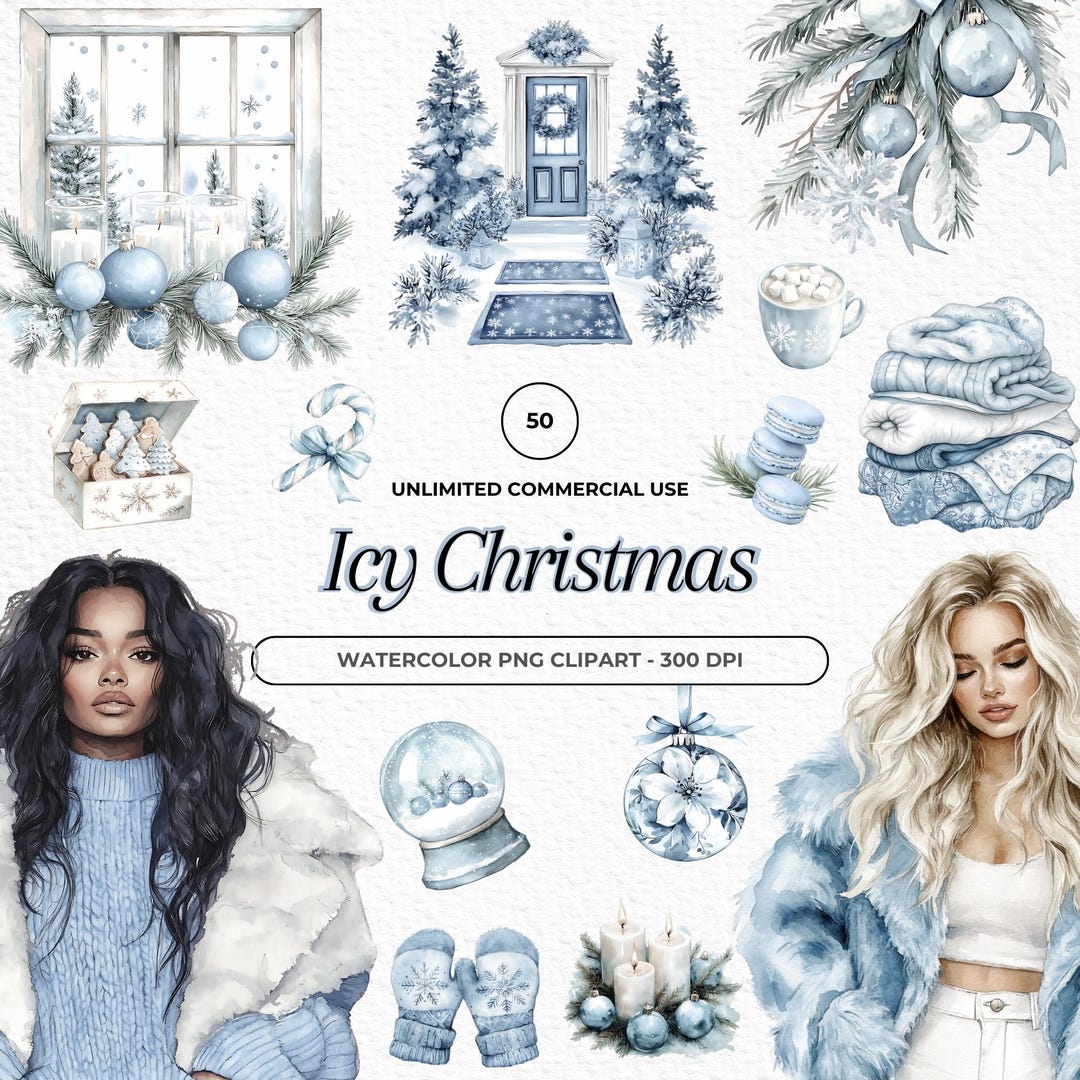 50 Icy Christmas Watercolor Clipart, Cozy Winter Clipart, Snowflake PNG ...