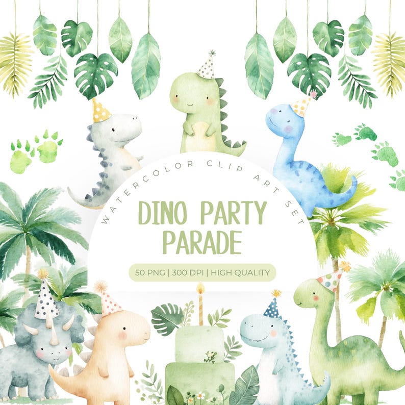 Watercolor Dinosaur Clipart, Birthday Party Dinosaur PNG, Dinosaur ...