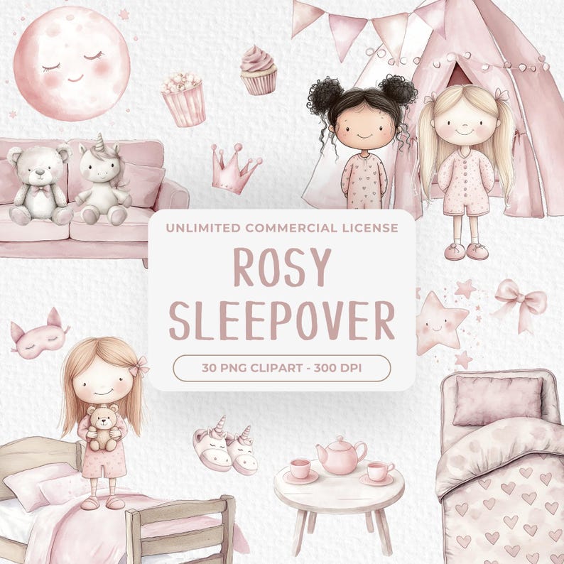 Pajama Party Clipart Watercolor, Cute Nursery Clipart, Slumber Party ...