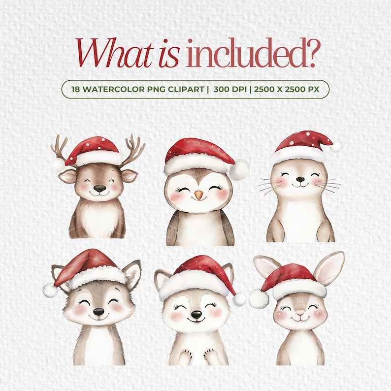 Christmas Animals Portraits, Christmas Animals Clipart Watercolor, Cute ...