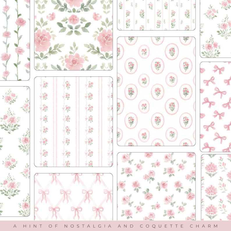 Coquette Aesthetic Seamless Patterns, Pink Roses Digital Paper, Bows ...