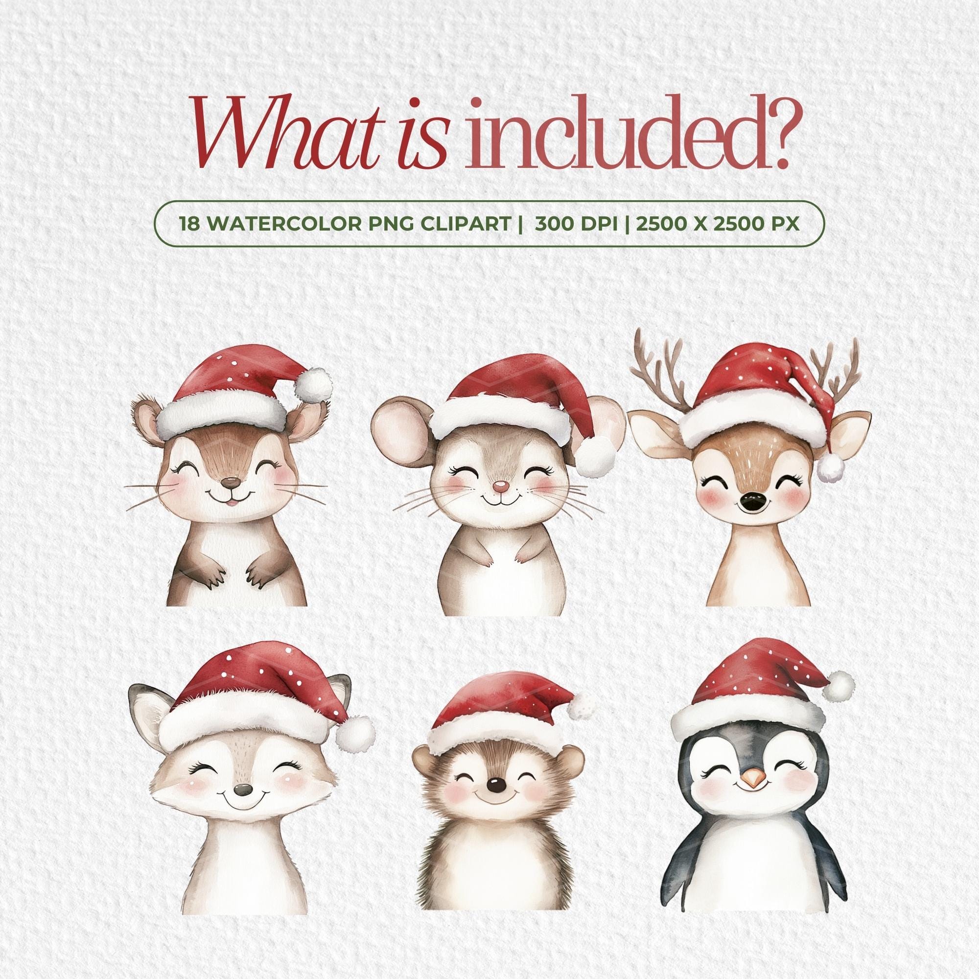 Christmas Animals Portraits, Christmas Animals Clipart Watercolor, Cute ...