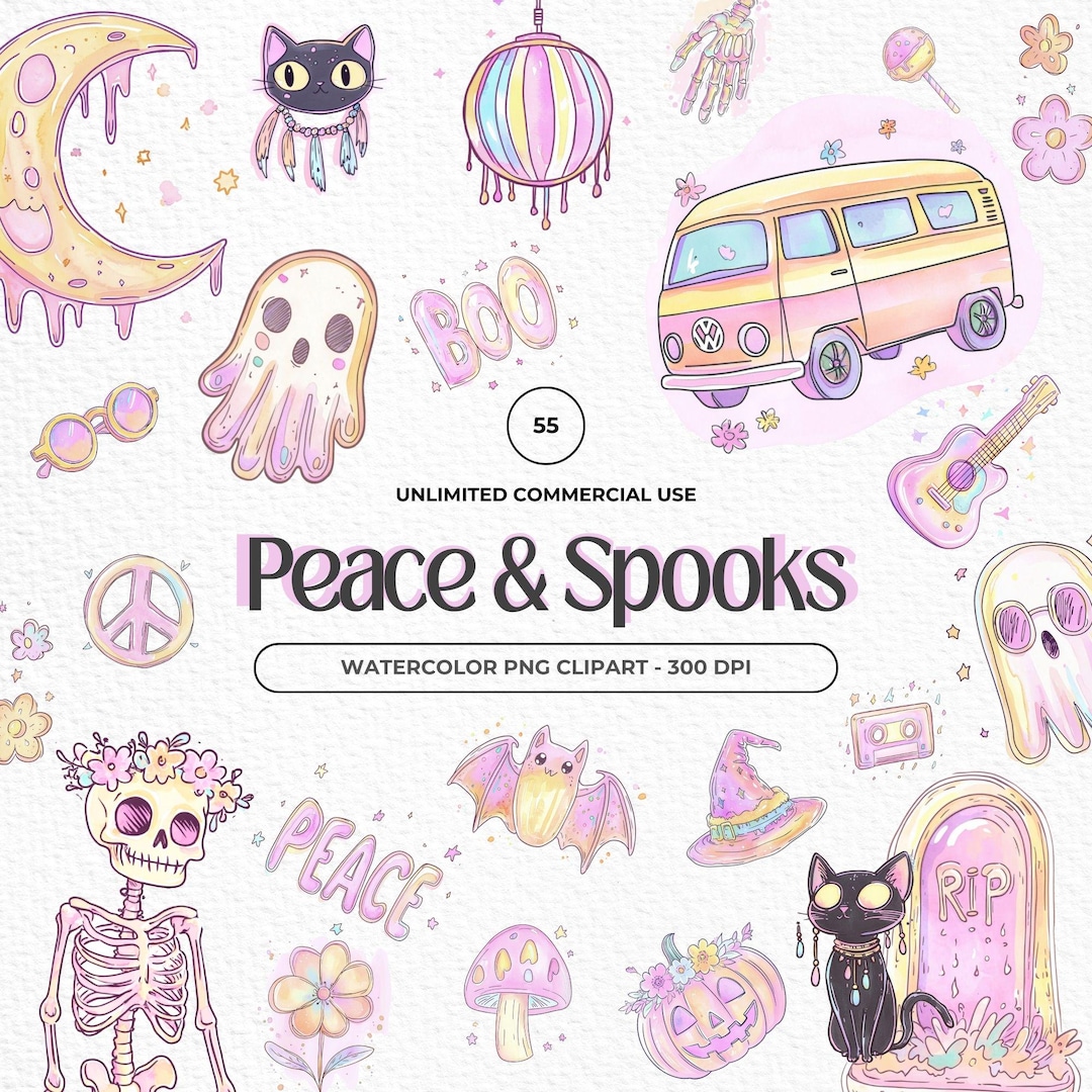 55 Groovy Halloween Clipart, Retro Halloween Watercolor Clipart, Hippie ...