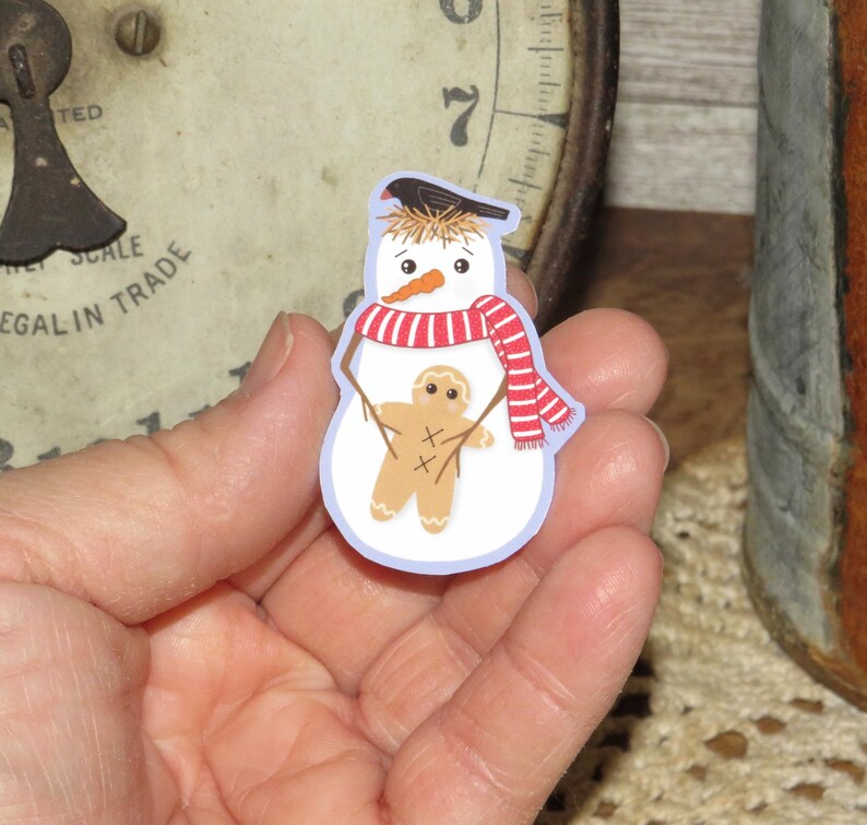 Sticker, Snowman With Gingerbread Man Cookie, Primitive Crow - Etsy