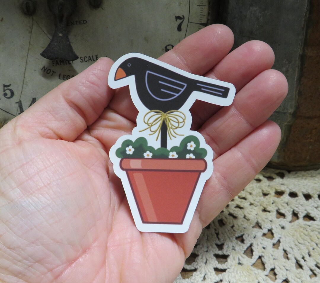 Primitive Crow Sticker, Crow in a Flower Pot, Scrapbook Journal Diary ...