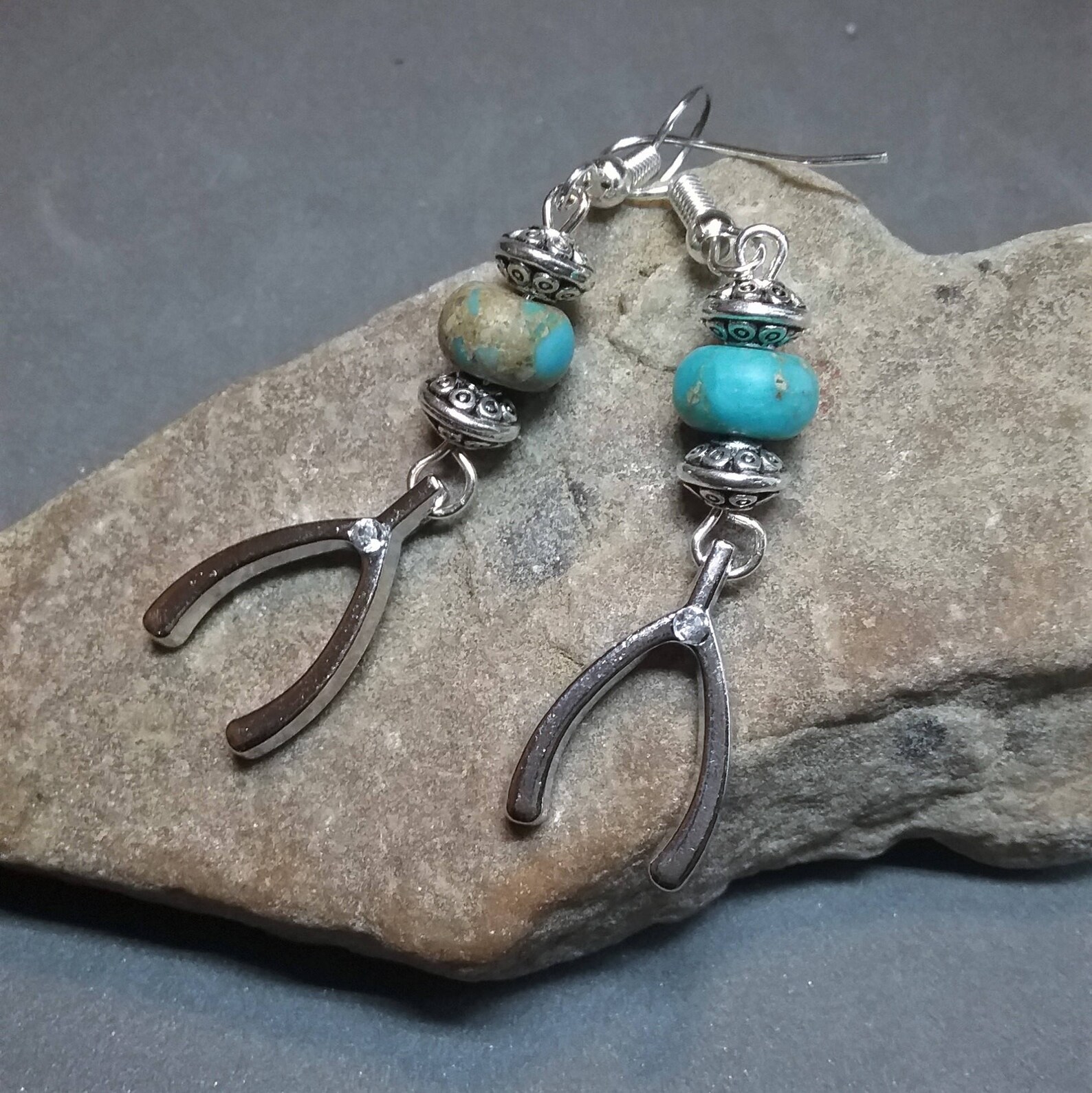 Silver Wishbone Charm Earrings With Imperial Jasper Beads and Sterling ...