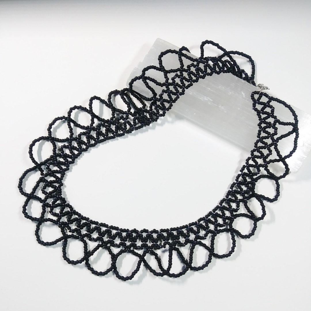 Black, Lacy Seed Bead Netted Collar Necklace With Hematite Colored Seed Bead Accents, 15.75 17. ...